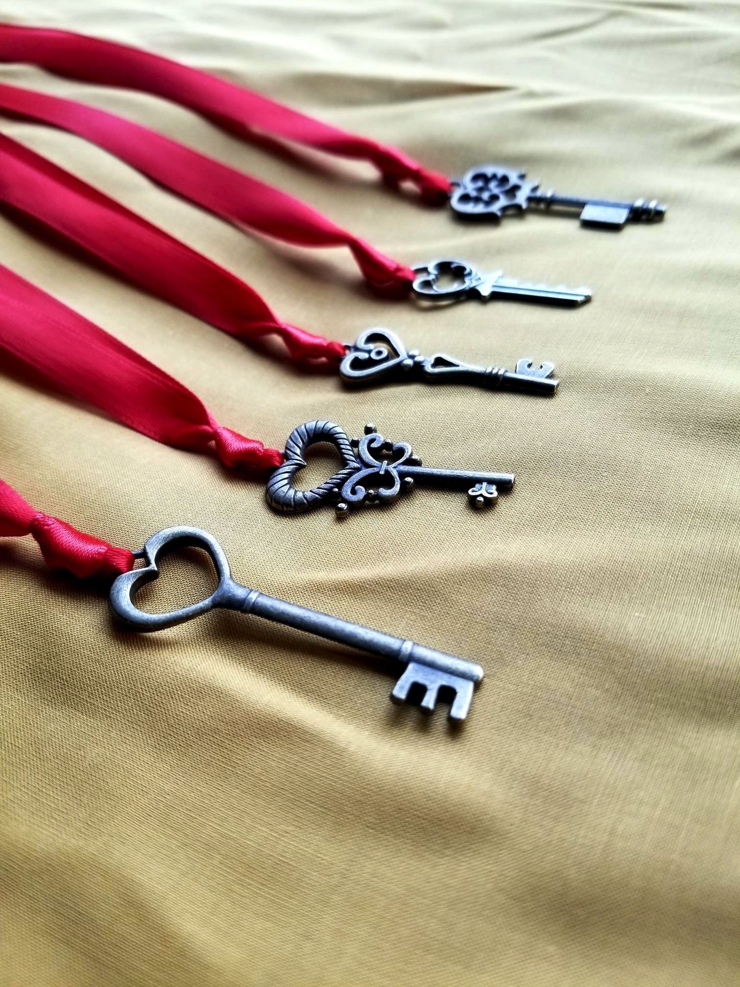 Skeleton Key Bookmark, Heart Shaped Key Bookmark, Bronze Key, Red Satin ...
