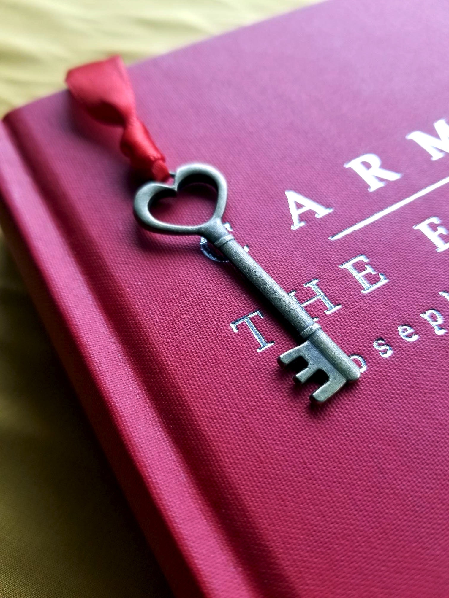 Skeleton Key Bookmark, Heart Shaped Key Bookmark, Bronze Key, Red Satin ...