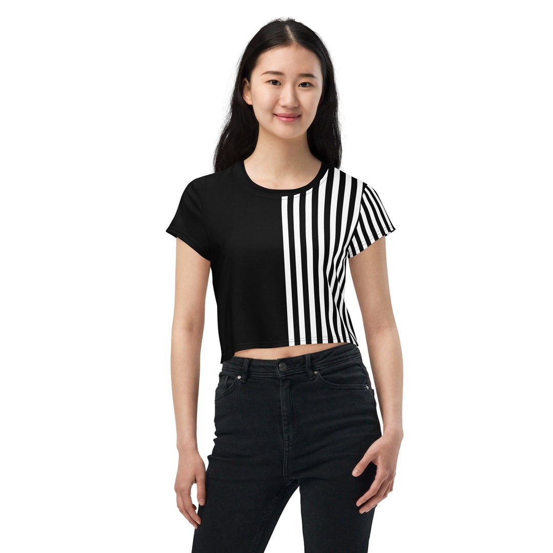 Black and White Stiped Crop Tee | Half and Half Cropped Top | Summer ...
