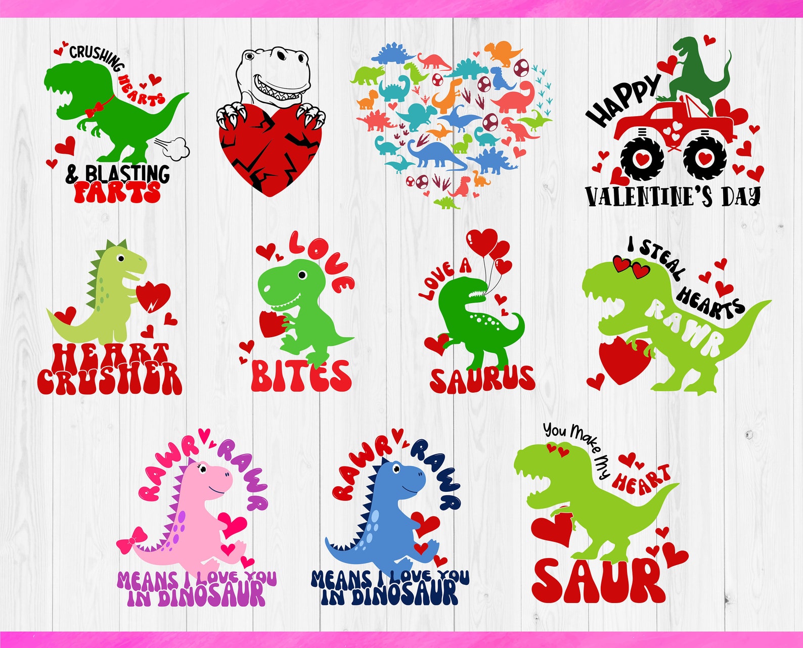 Valentine Dinosaur SVG Bundle, Valentine's Day Svg, Valentines Dinosaur ...