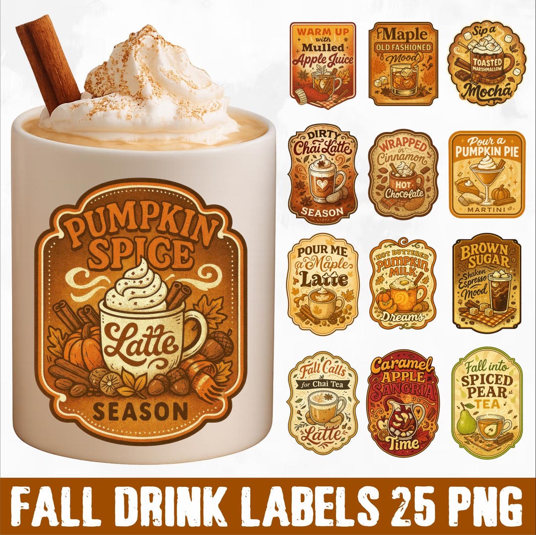 Autumn Drink Labels PNG Bundle, Pumpkin Spice Latte, Fall Coffee ...