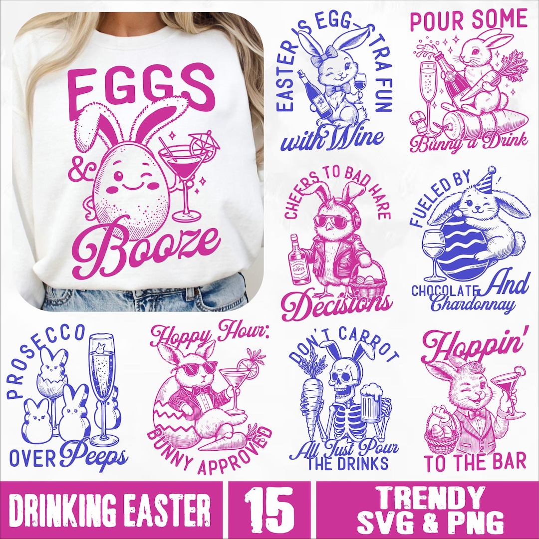 Funny Drinking Easter SVG PNG Bundle, Funny Wine Shirt Svg, Retro ...