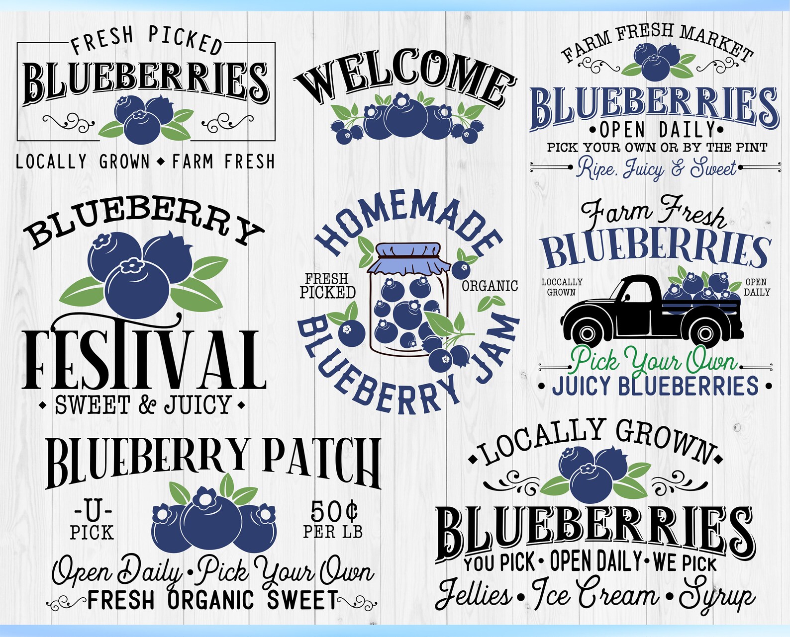 Blueberry Sign SVG Bundle, Farm Fresh Blueberries Svg, Local Blueberry ...