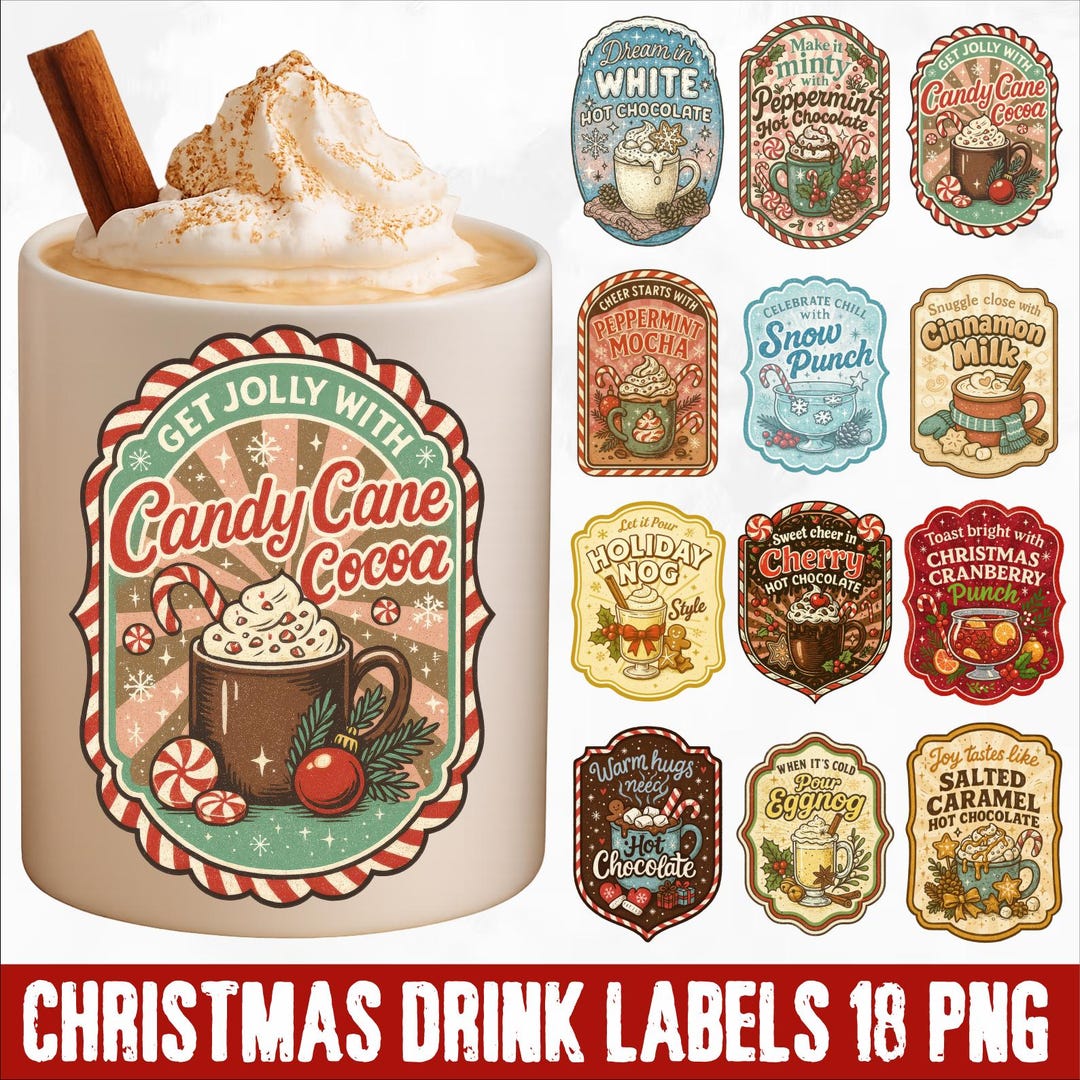 Christmas Drink Labels PNG Bundle, Holiday Cocoa and Coffee Stickers ...
