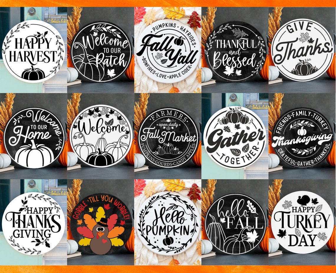 Fall Round Sign Svg Bundle, Thanksgiving Round Door Hanger Svg, Autumn ...