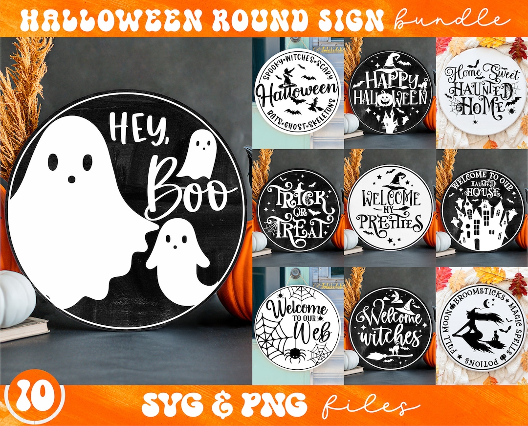 Halloween Round Sign Svg Bundle, Halloween Round Door Hanger Svg ...