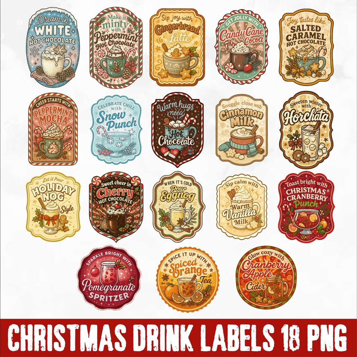 Christmas Drink Labels PNG Bundle, Holiday Cocoa and Coffee Stickers ...