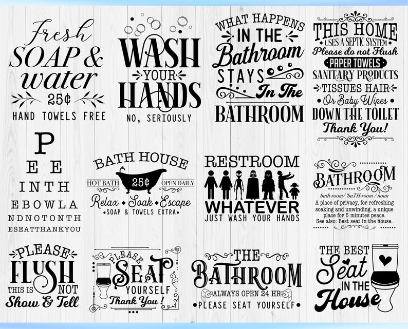 Bathroom Sign SVG Bundle, Washroom Svg Set, Bathroom Quote Svg Kit ...