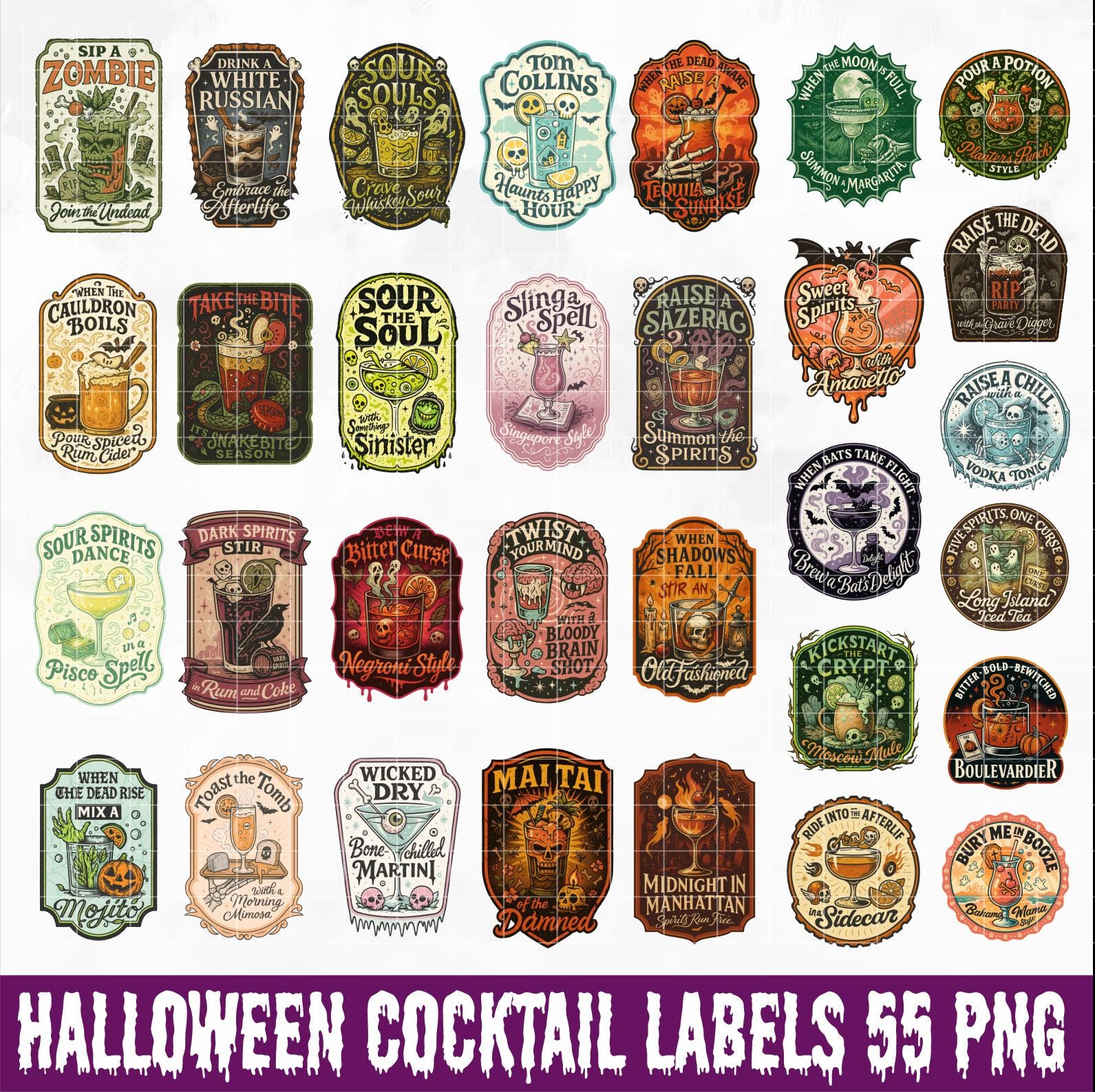 Halloween Cocktail Labels PNG Bundle, Witchy Bar Decor, Trendy Spooky ...