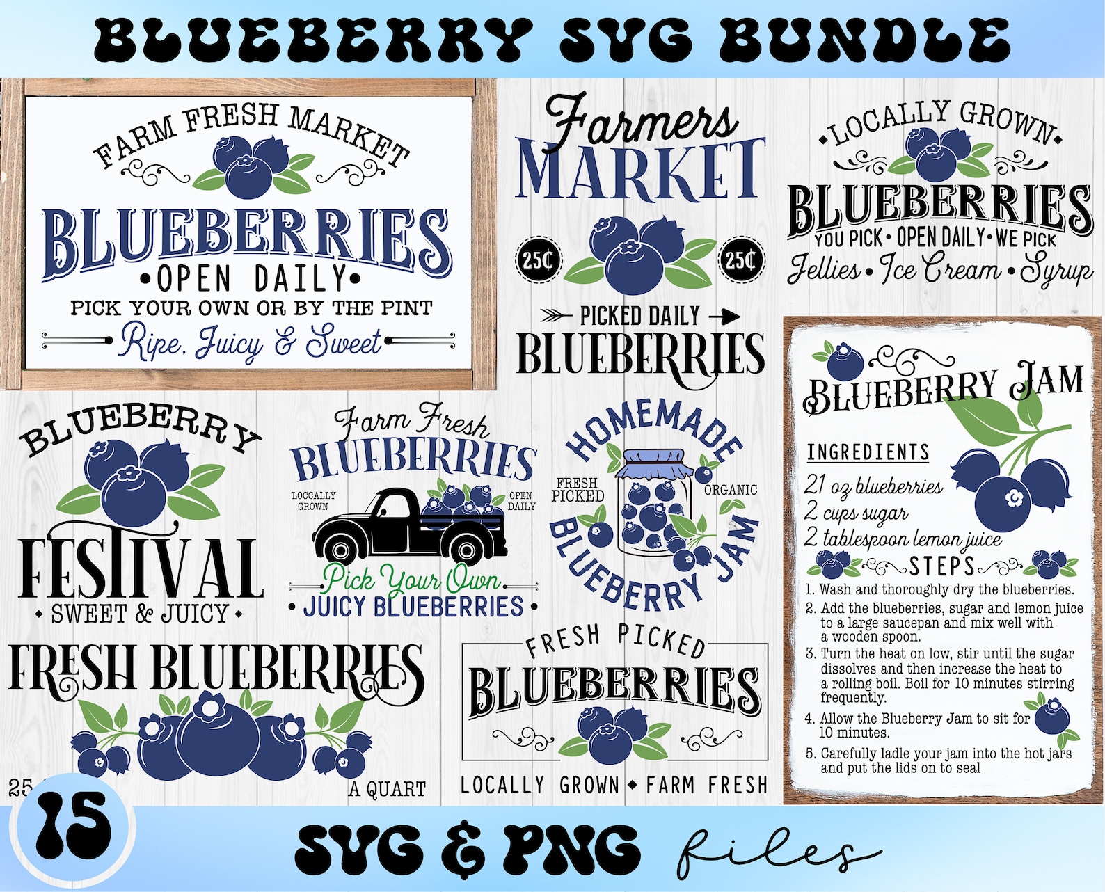 Blueberry Sign SVG Bundle, Farm Fresh Blueberries Svg, Local Blueberry ...