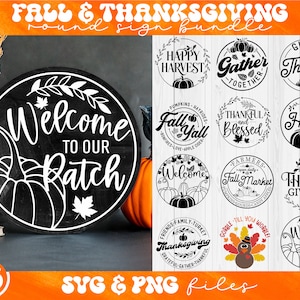 Fall Round Sign Svg Bundle, Thanksgiving Round Door Hanger Svg, Autumn ...