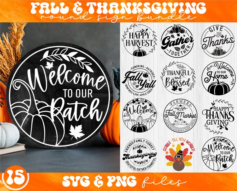 Fall Round Sign Svg Bundle, Thanksgiving Round Door Hanger Svg, Autumn ...