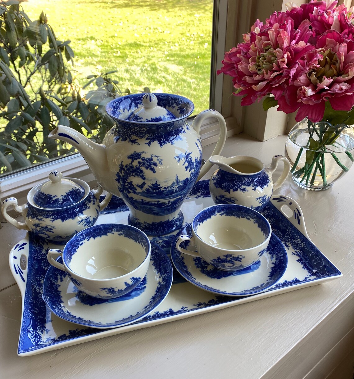 Pagoda Blue Transferware Porcelain Tea Set With Tray, Antique ...