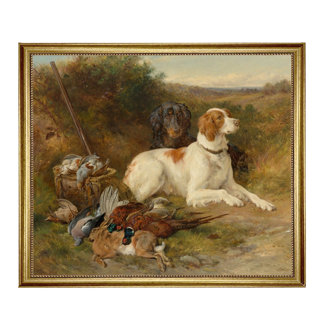 Hunting Dogs Framed Oil Painting Print on Canvas in Antiqued - Etsy