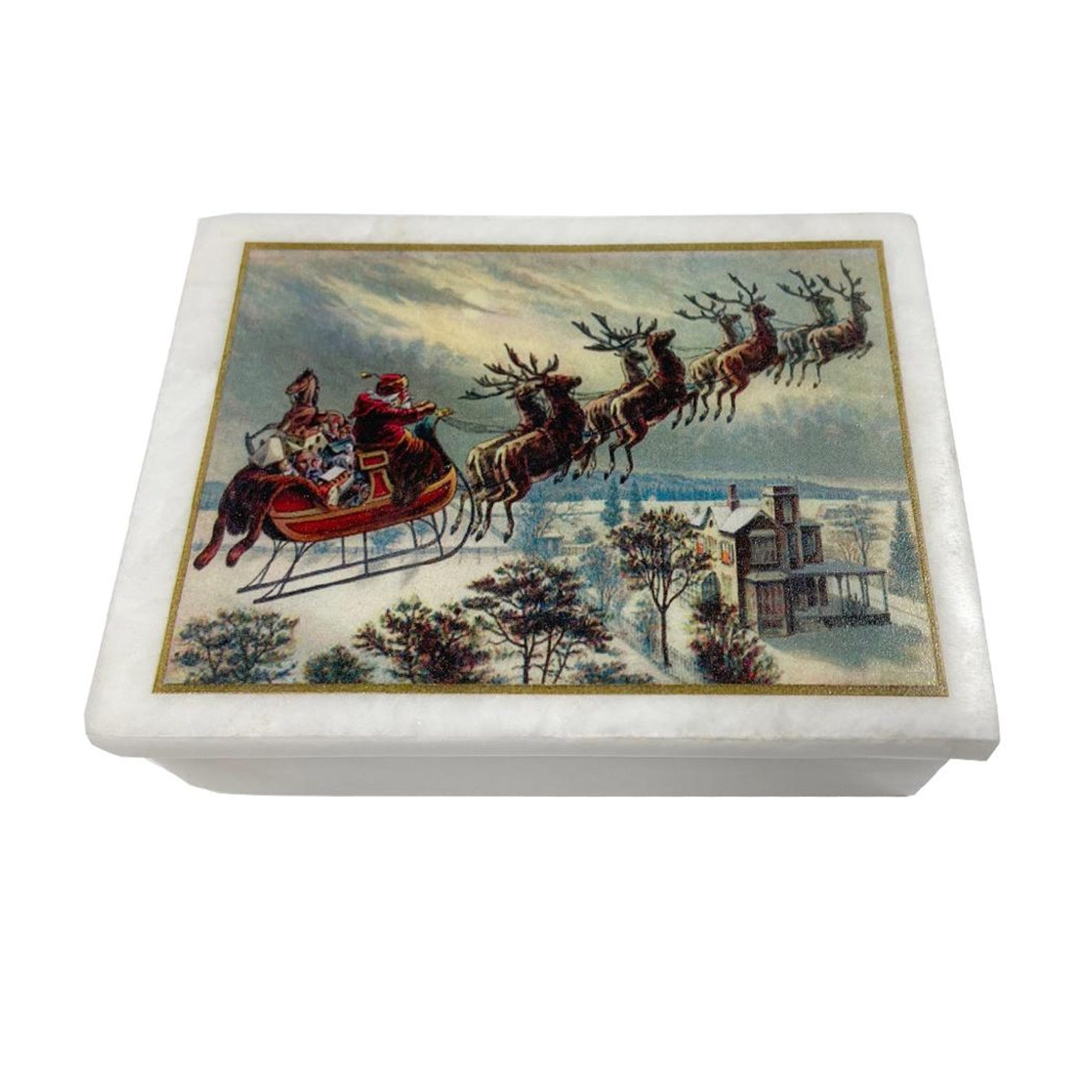 4 Santa Claus and Reindeer White Soap Stone Jewelry Box, Trinket Box ...