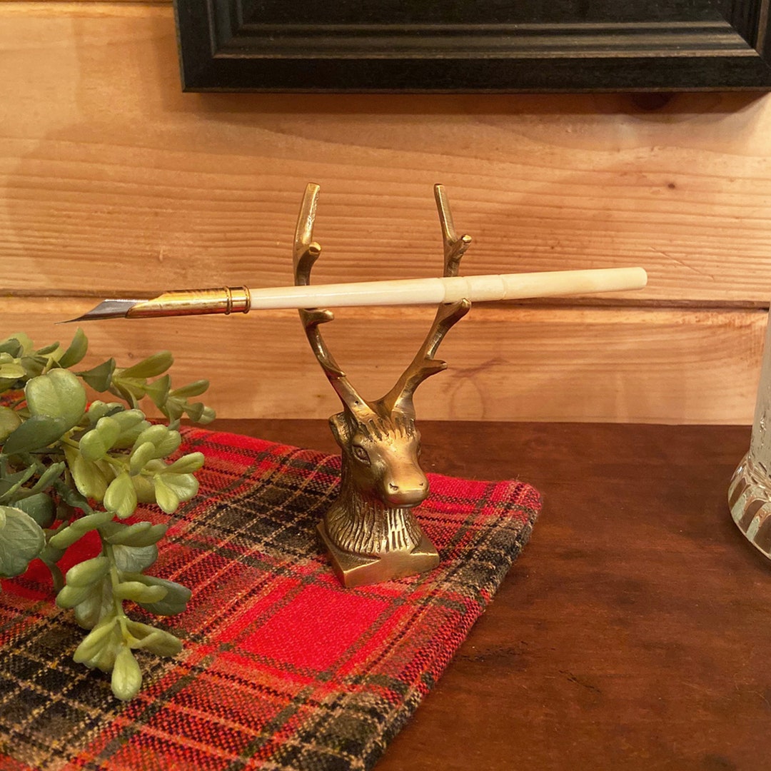 4-1/4" Antiqued Brass Stag Head Pen Holder and Paper Weight- Antique ...
