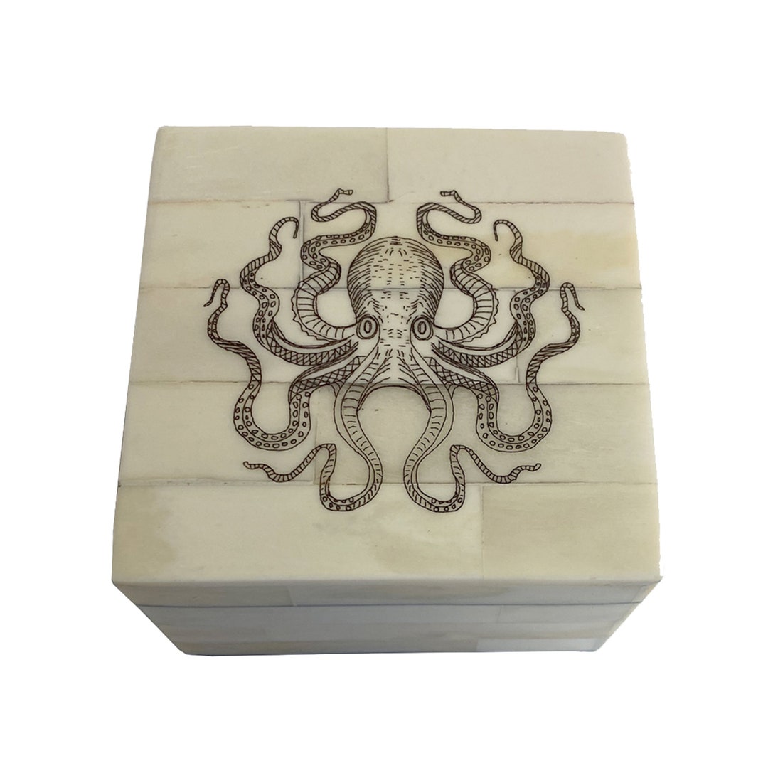 3-1/4" Octopus Etched Scrimshaw Trinket Box, Nautical Decor, Sea Life ...