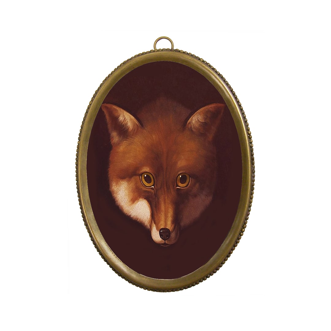 6-1/4" Fox Head Print in Antiqued Beaded Brass Frame- Antique Vintage ...