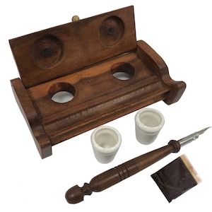 7" Wood Inkwell Stand With Clay Inkwells, Wood Nib Pen & Ink Powder ...