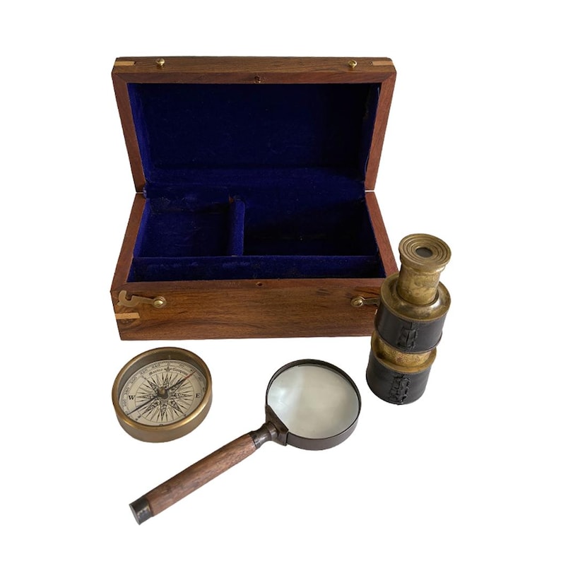 Old World Style Maritime Navigation Set, Rosewood Box, Antiqued Brass ...