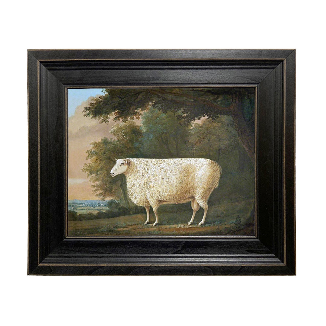 Sheep Under Tree Framed Oil Painting Print on Canvas, Primitive, Folk ...