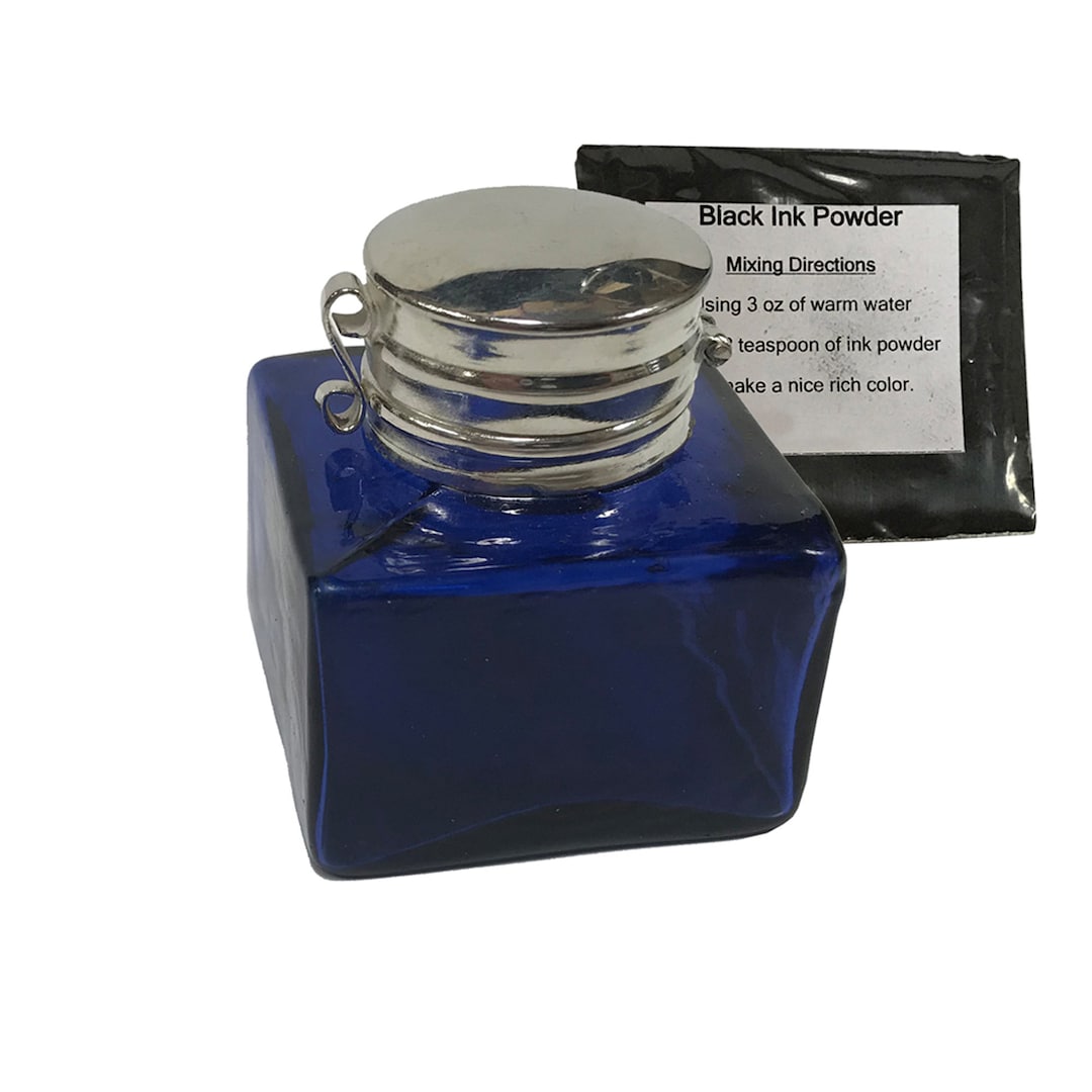 1-3/4" Square Cobalt Blue Glass Inkwell With Ink Powder, Calligraphy ...