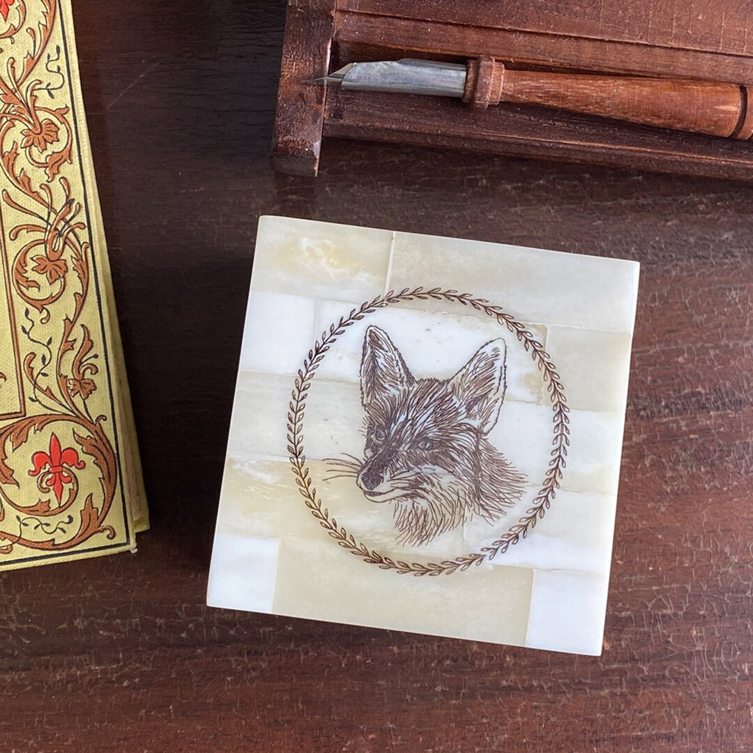 3-1/4 Fox Head Etched Scrimshaw Bone Box, Trinket Box, Ring Box, Gift ...