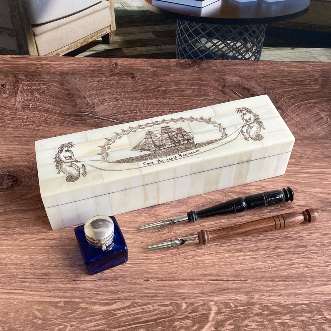10" Capt. Pollard Nantucket Engraved Bone Pen Box With Inkwell, 2 Nib ...
