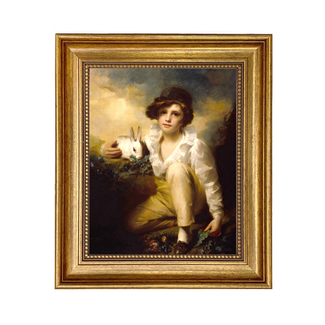 Boy and Rabbit by Raeburn Oil Painting Print on Canvas in Antiqued Gold ...