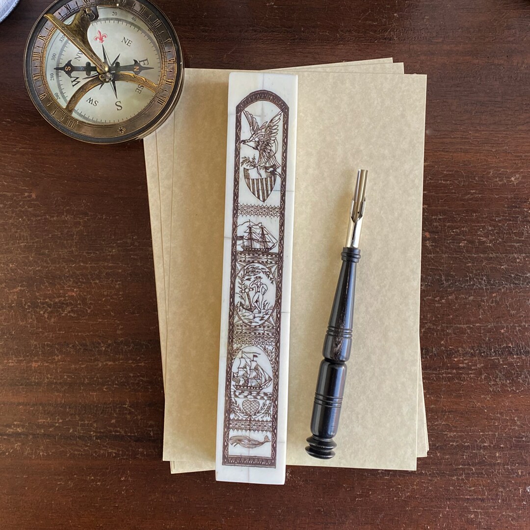 8-1/4" Life at Sea Nautical Scrimshaw Bone Pen Box With Black Horn Nib ...