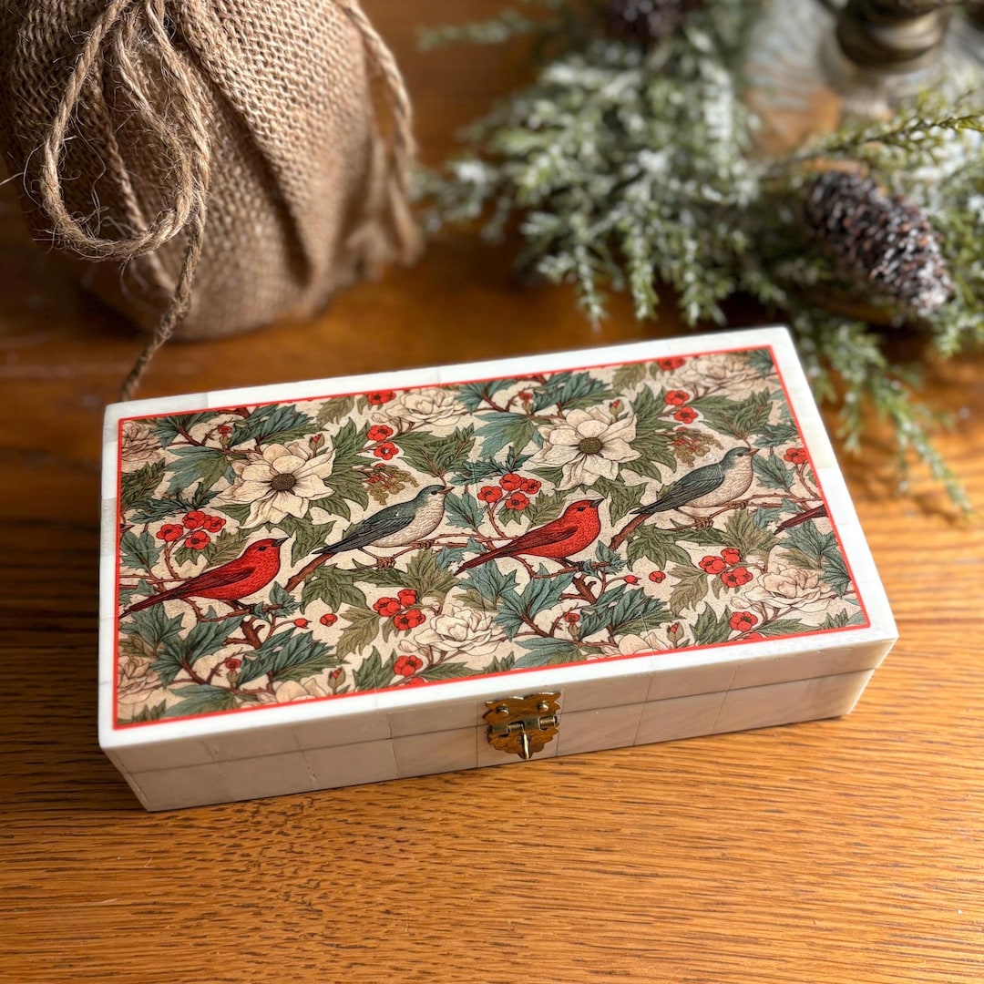 Birds and Poinsettias Christmas Trinket Box, Small Jewelry Box, Winter ...