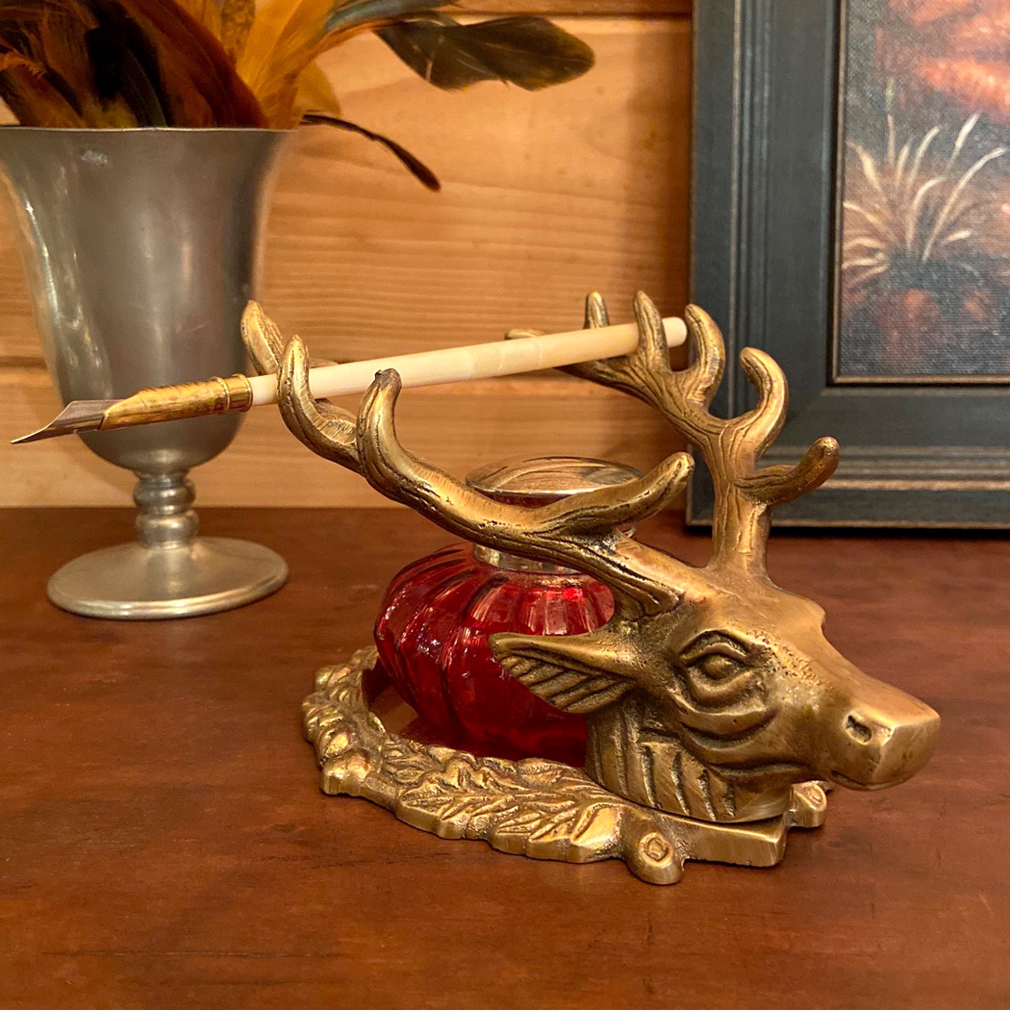 Antiqued Brass Stag Inkwell Pen Holder Set, Red Swirl Glass Inkwell - Etsy