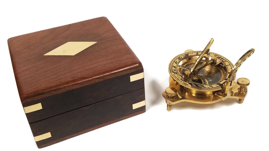 3" Sundial Compass in Solid Wood Box With Brass Accents, Antique ...