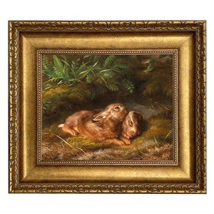 Two Rabbits Oil Painting Print on Canvas in Wide Antiqued Gold Frame - Etsy