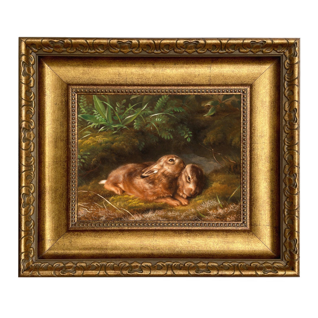 Two Rabbits Oil Painting Print on Canvas in Wide Antiqued Gold Frame - Etsy