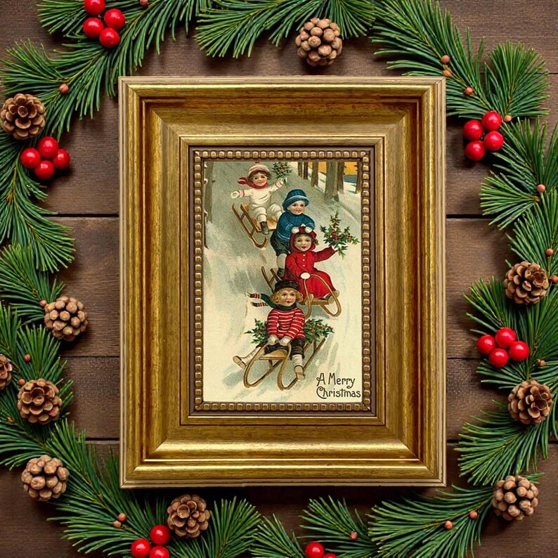 Victorian Christmas Sledding Framed Canvas Print, Antique Style Holiday ...