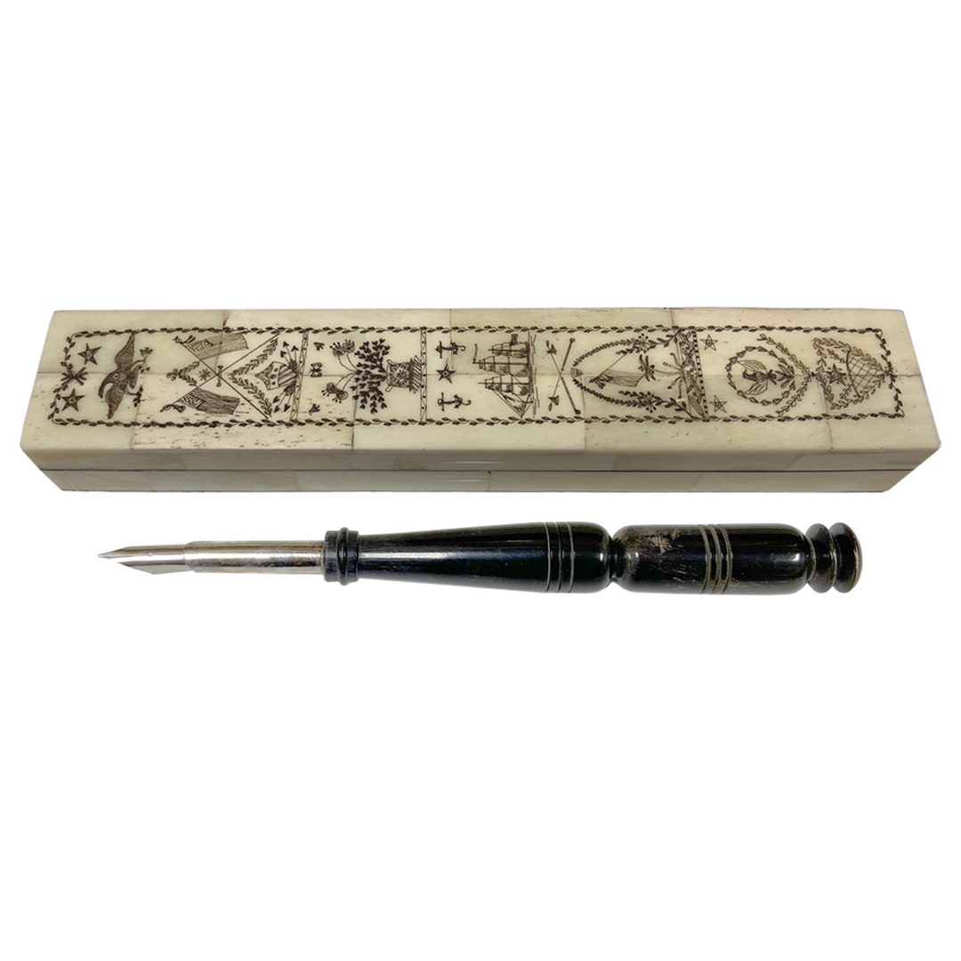 8-1/4 Americana Scrimshaw Bone Pen Box With Black Horn Nib Pen, Antique ...