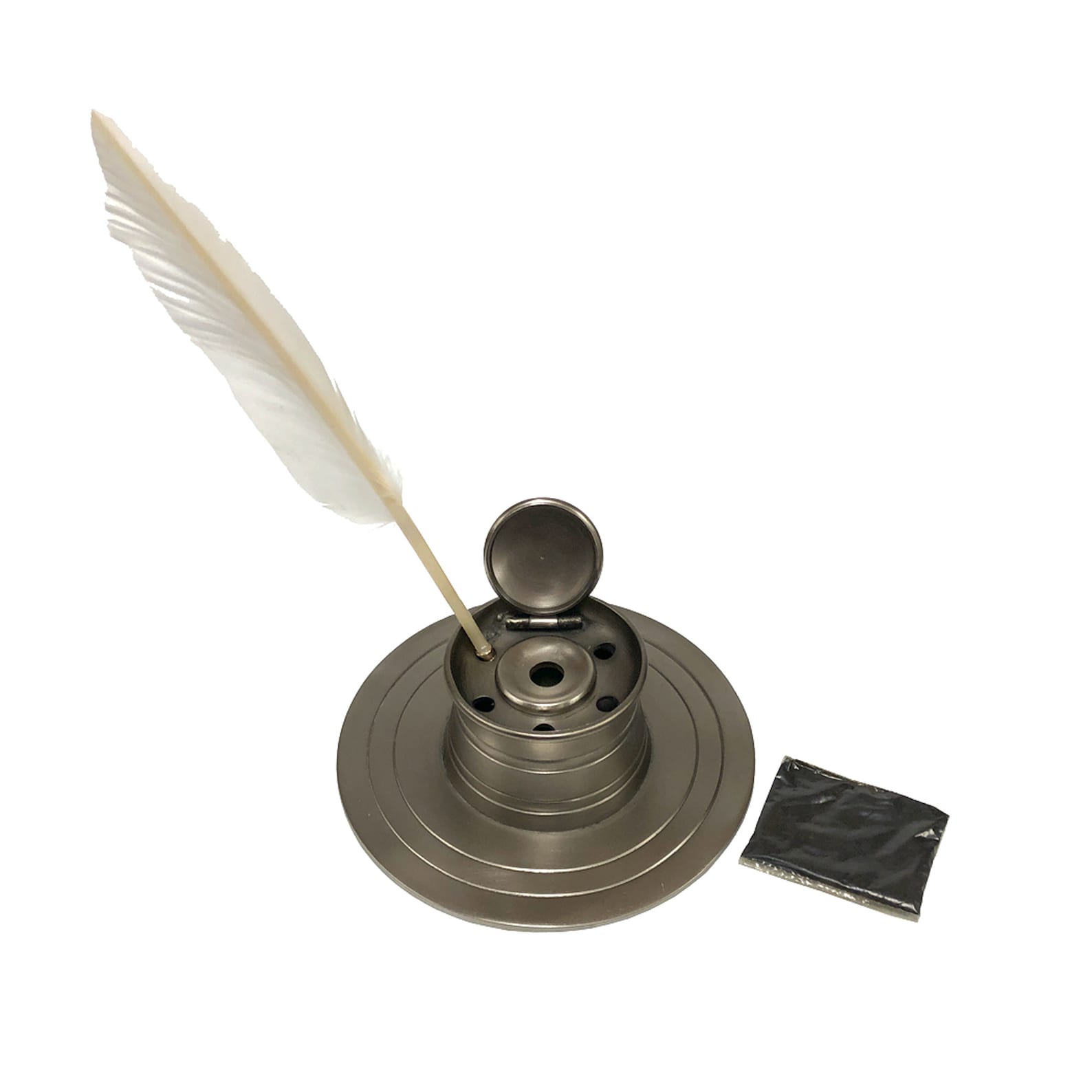 Extra Wide Base Pewter-plated Inkwell With Quill and Ink Powder ...
