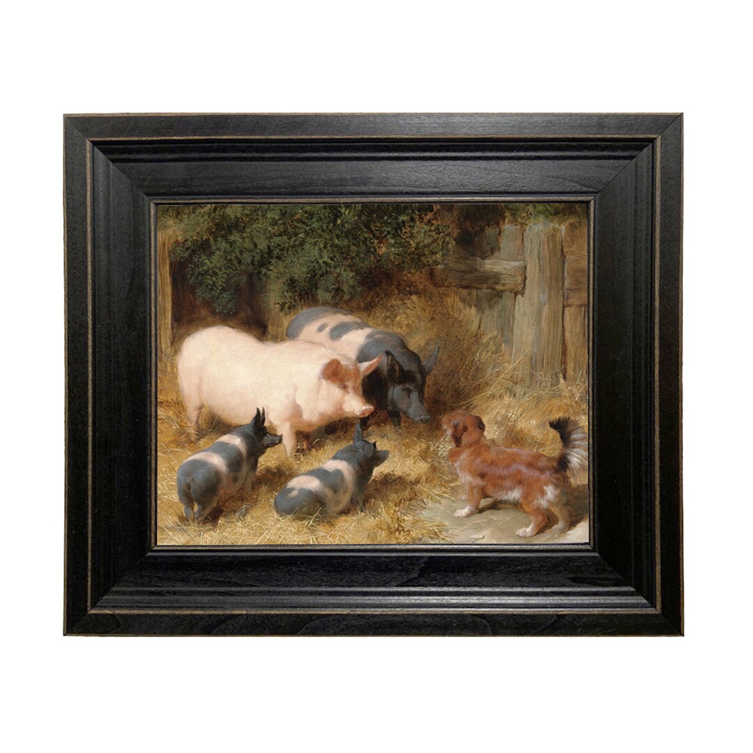 Framed Farm Animal Canvas Print, Pigs and Dog Art Print, Rustic Wall ...