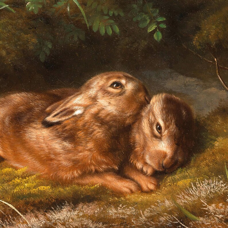 Two Rabbits Framed Oil Painting Print on Canvas, Vintage Rabbit Art ...