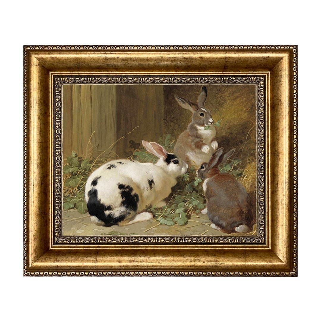 Three Rabbits Framed Oil Painting Print on Canvas in Antiqued Gold Leaf ...