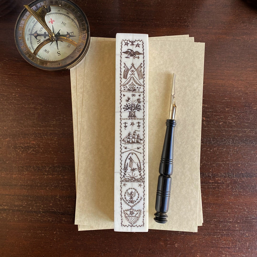8-1/4" Americana Scrimshaw Bone Pen Box With Black Horn Nib Pen ...
