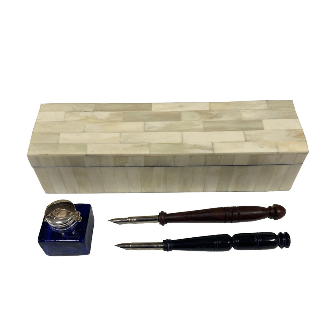 Antique Style Bone Pen Box Set, Cobalt Inkwell & Nib Pens - Etsy