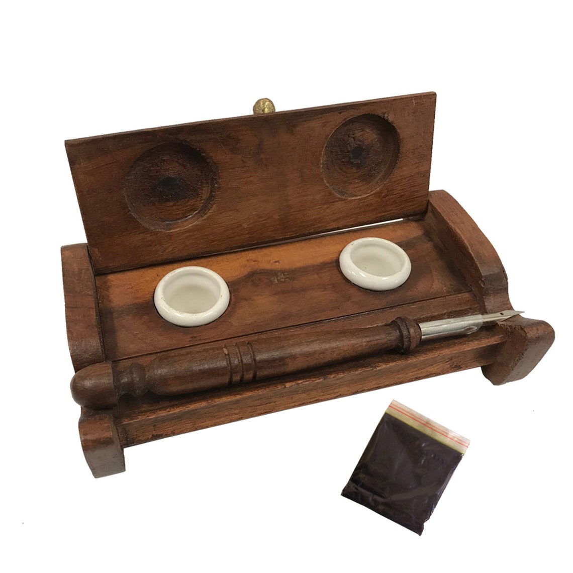 7" Wood Inkwell Stand With Clay Inkwells, Wood Nib Pen & Ink Powder ...