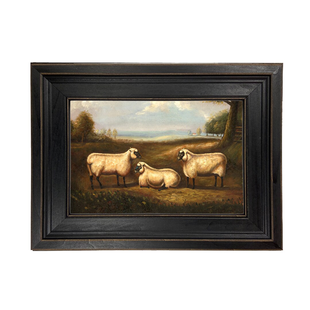 Three Sheep Primitive Framed Oil Painting Print on Canvas, Primitive ...
