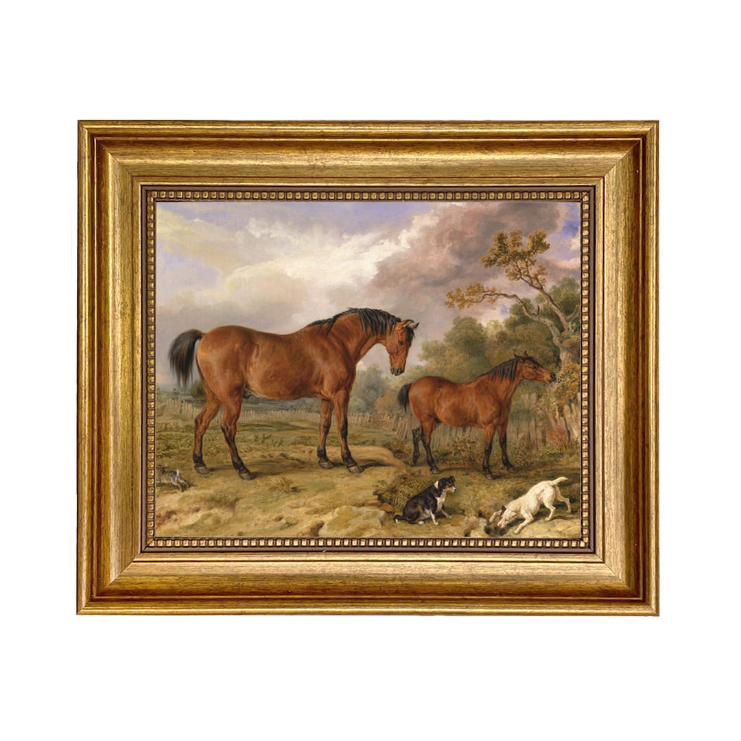 Two Horses With Dogs and Rabbit Framed Oil Painting Print on Canvas ...