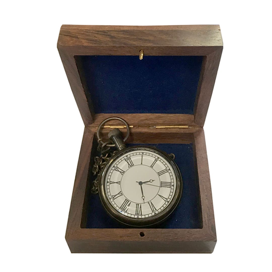 Antiqued Brass Pocket Watch With 3-1/4" Wooden Storage Box, Antique ...