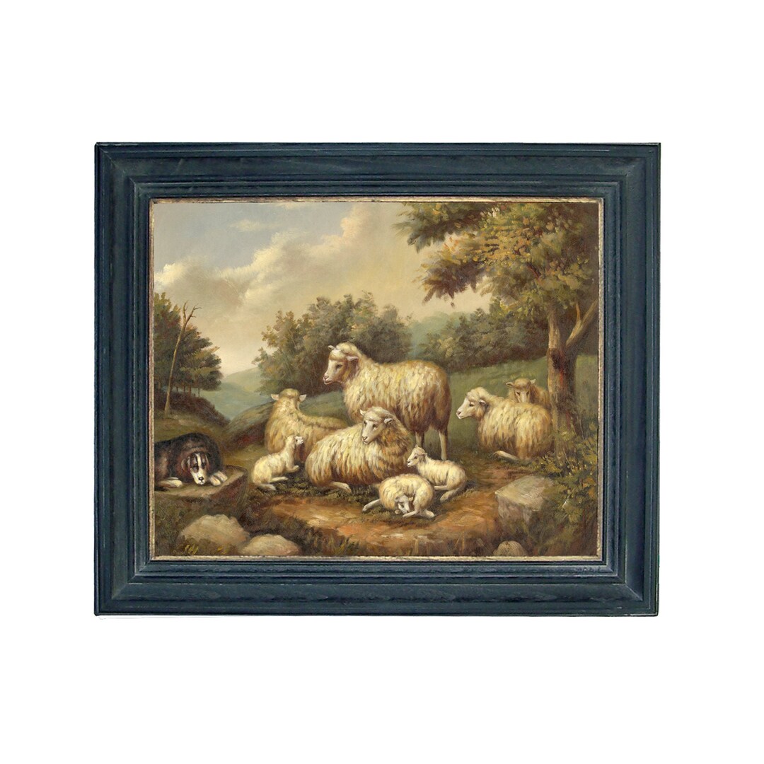 Sheep in Landscape Framed Oil Painting Print on Canvas, Primitive, Folk ...