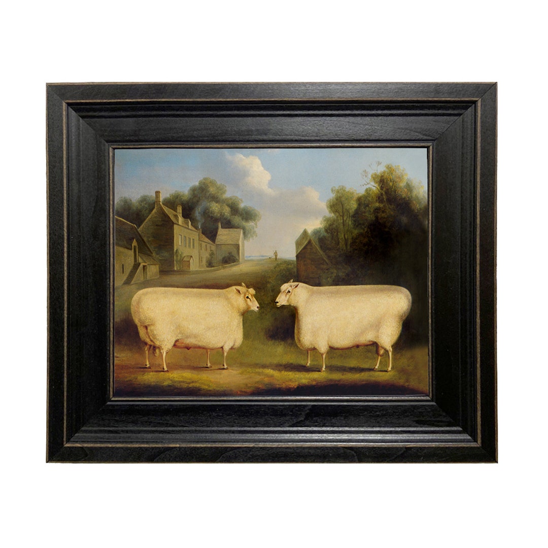 Two Sheep Framed Oil Painting Print on Canvas, Primitive Folk Art, Folk ...