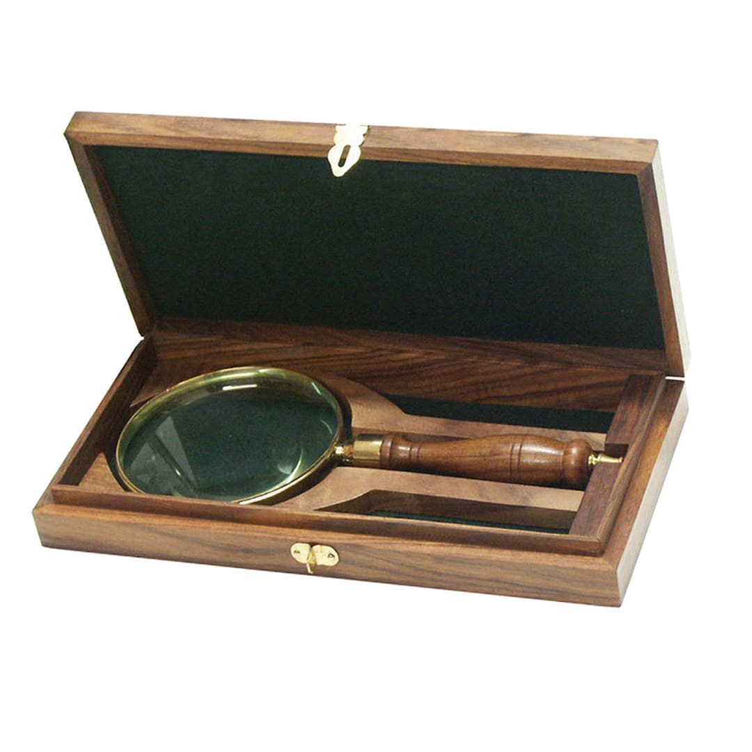 9-1/4" Brass & Wood Antique Magnifier Glass With Storage Case, Antique ...